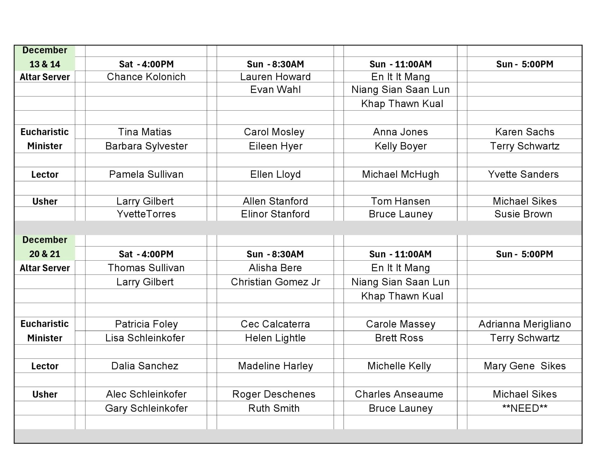 Ministry Schedule - St. Frances Cabrini